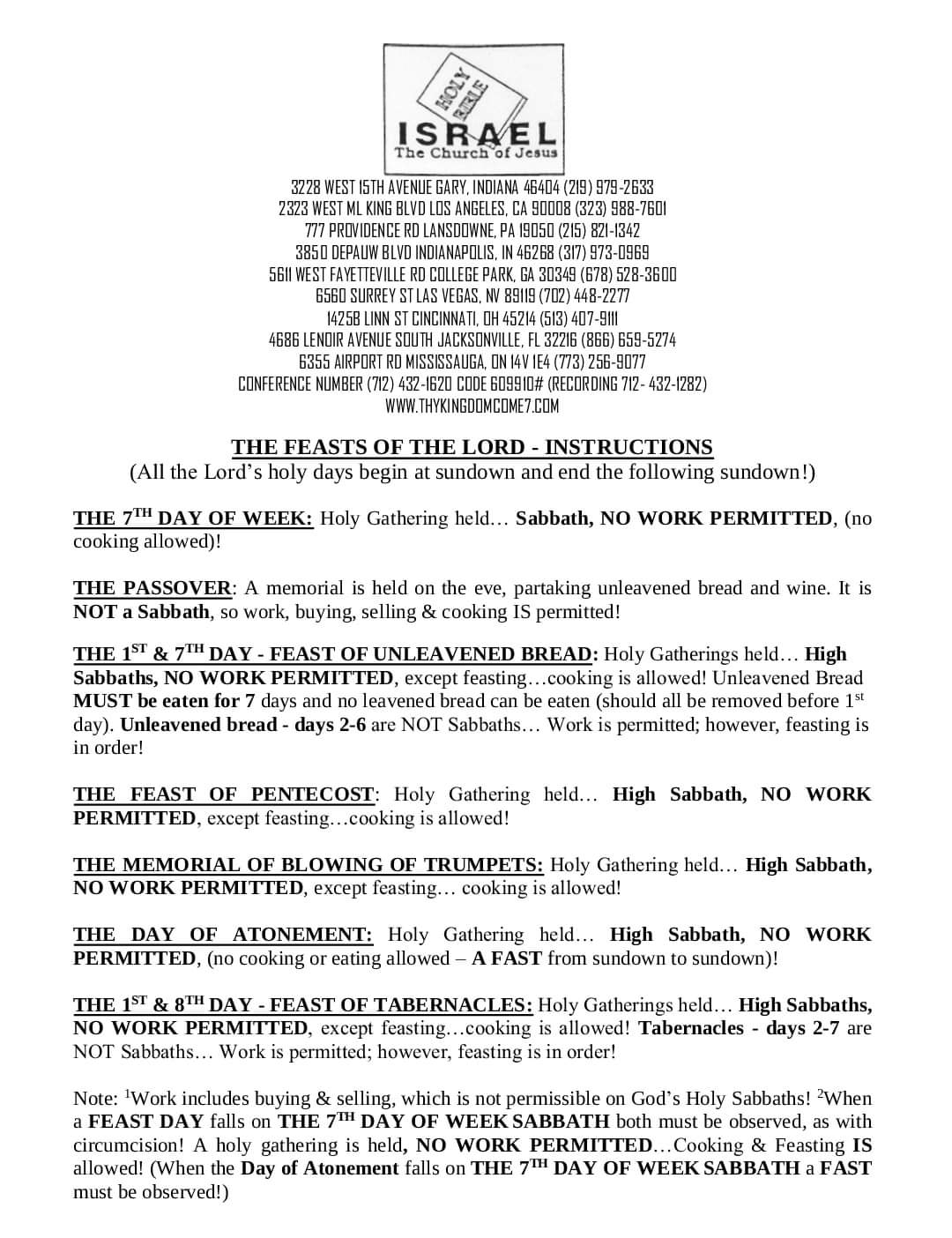 God's Holy ANNUAL Feast Days - 2026 - Lines & Precepts
